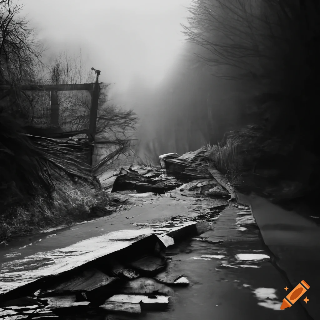 View through a windshield at a collapsed wooden bridge on Craiyon