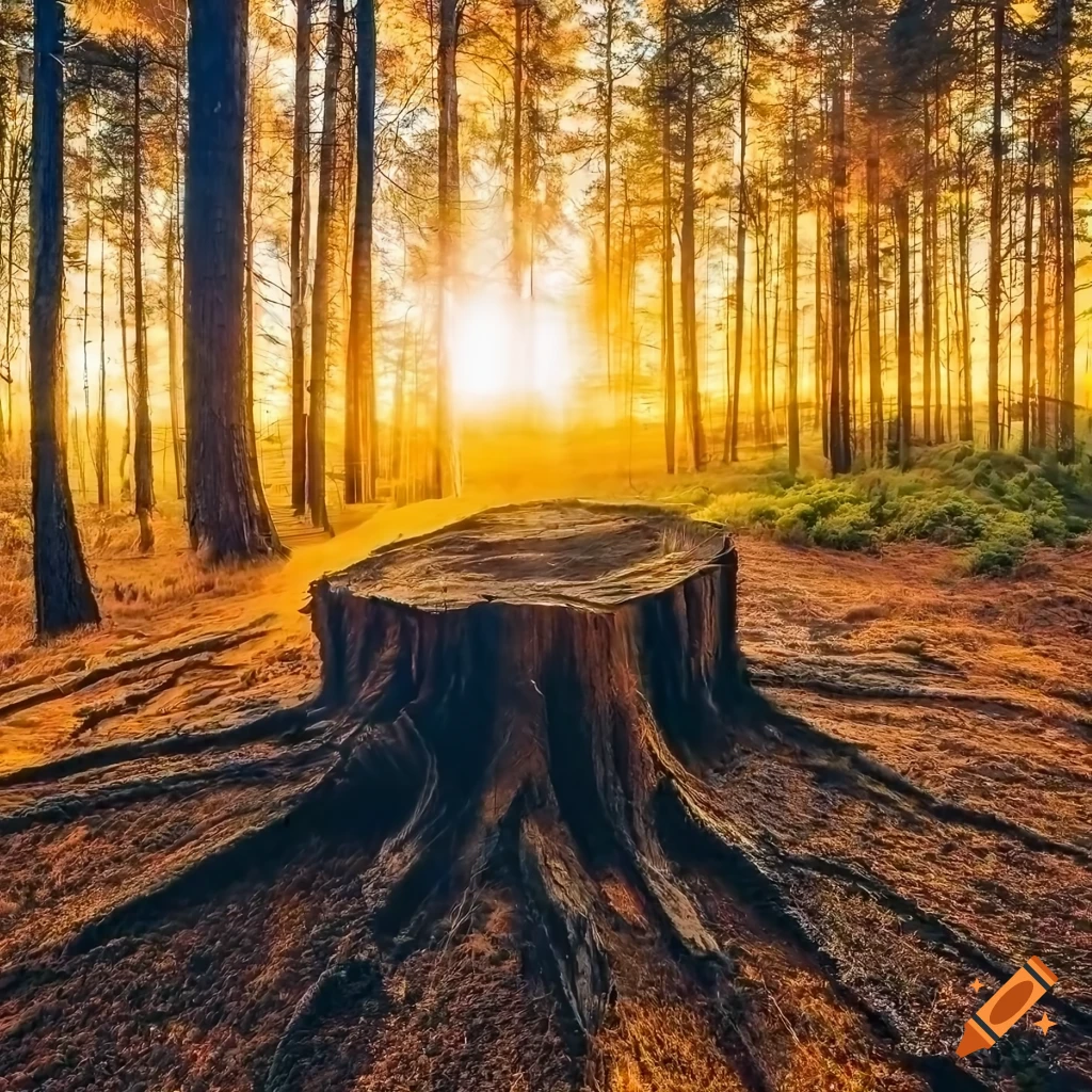 Golden sunset in a pine forest with a distant tree stump on Craiyon