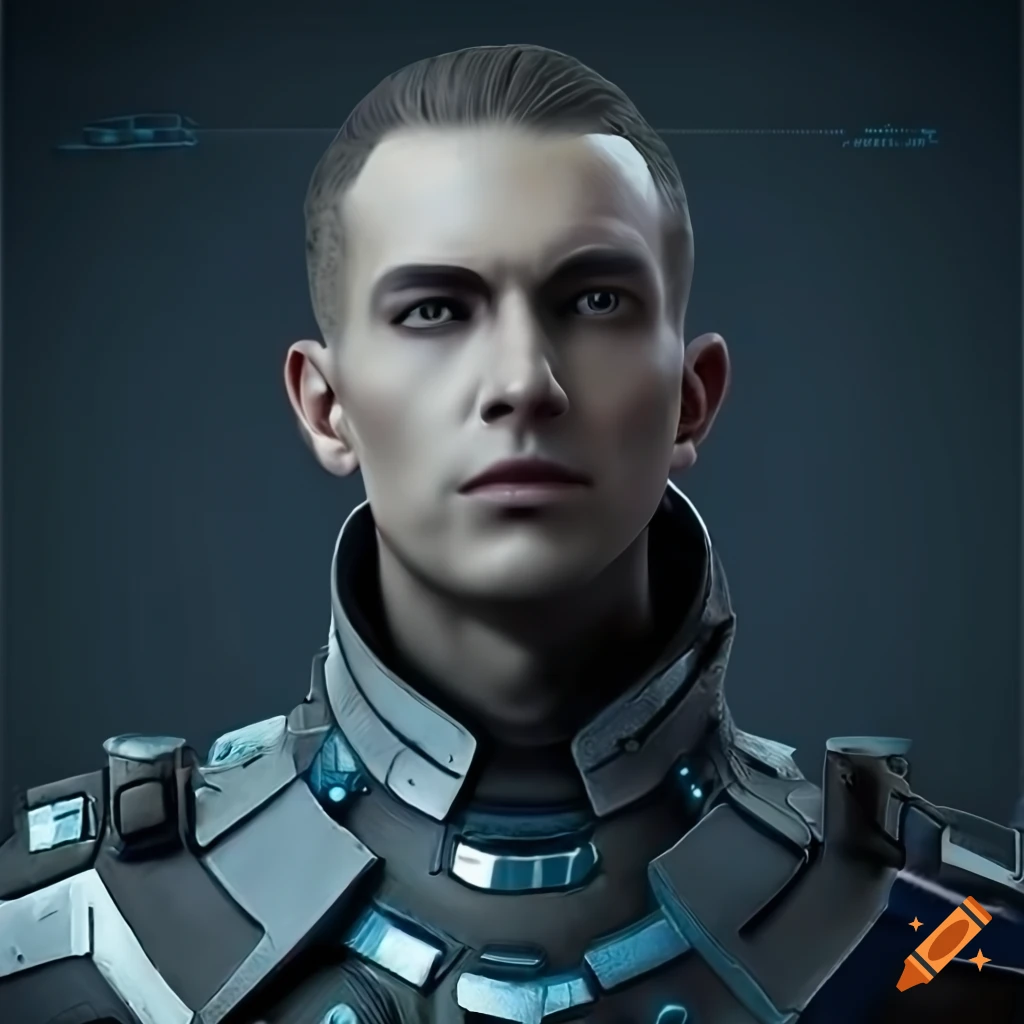 Sculpted portrait of a male soldier in futuristic military uniform on Craiyon