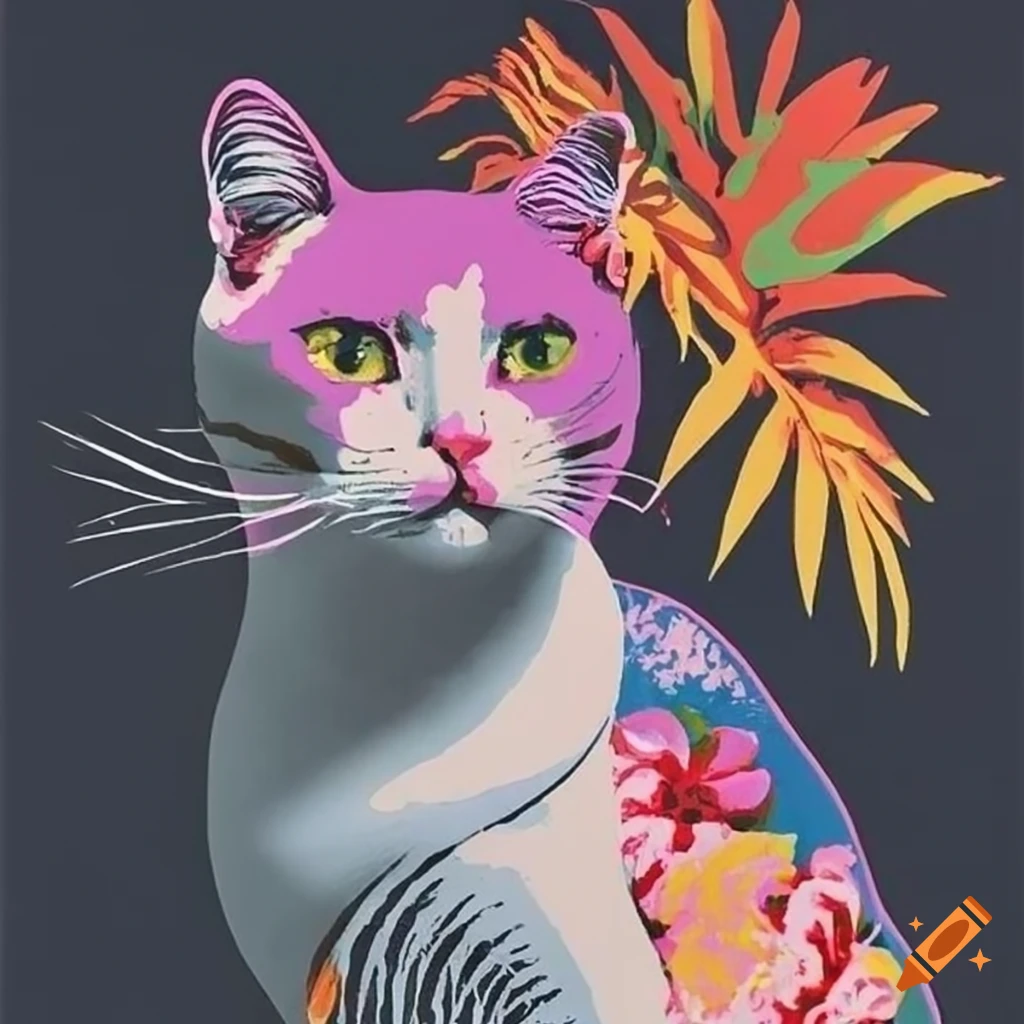 Colorful screenprint of a geisha cat with tropical flowers