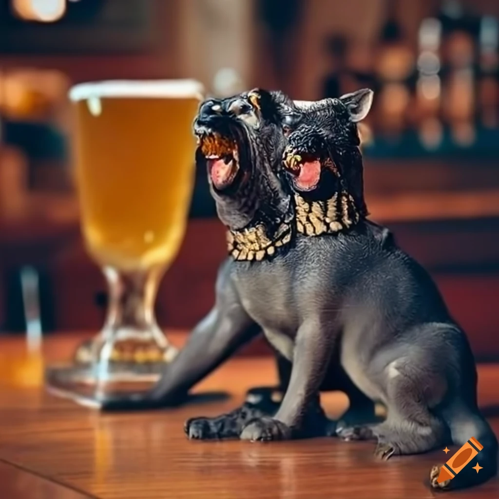 Illustration of a two-headed dog enjoying a drink at the bar