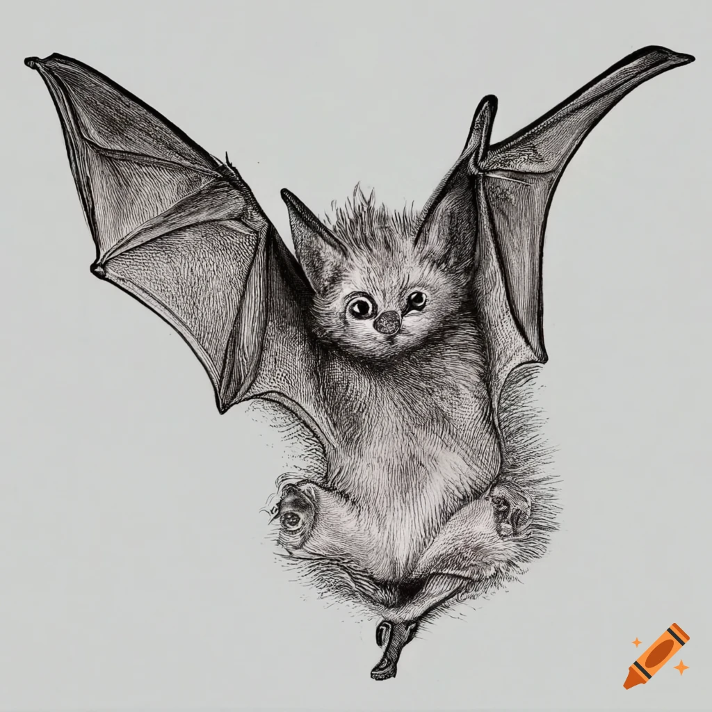 Etching of an adorable fluffy bat with a kitten face on Craiyon