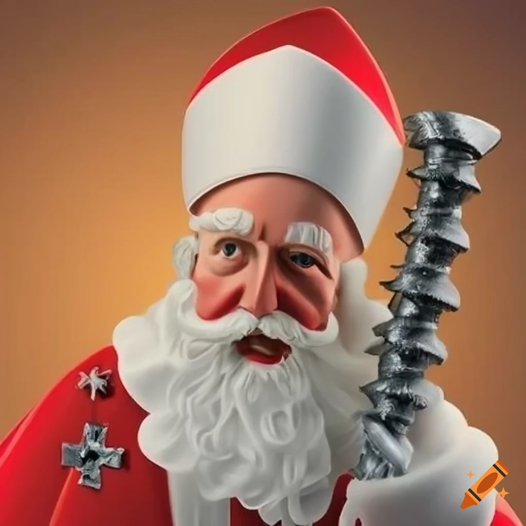 Funny image of Saint Nicholas holding a big screw on Craiyon