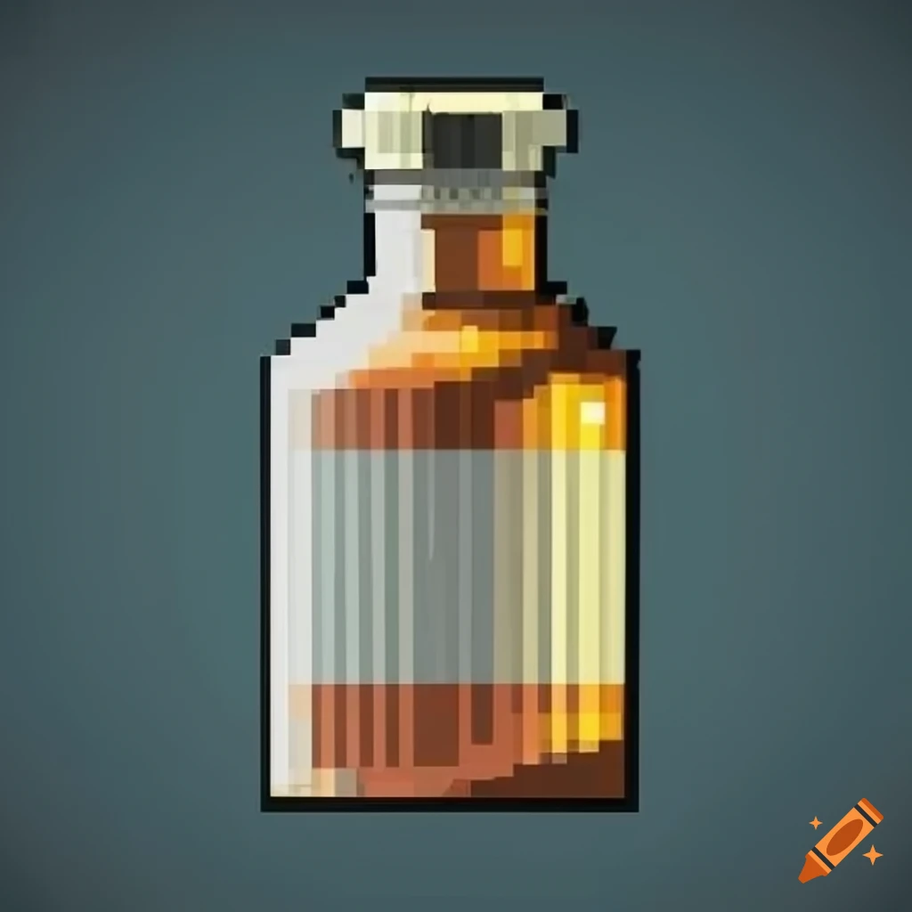 Pixel art of a vintage medical vial with pills