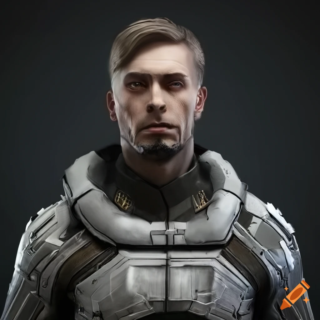 Sculpted portrait of a male soldier in futuristic dress uniform