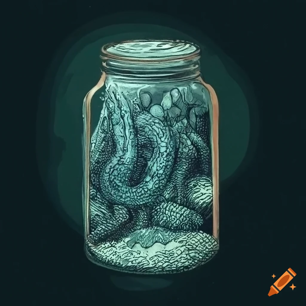 Highly detailed etching of a hybrid monster in a glass jar