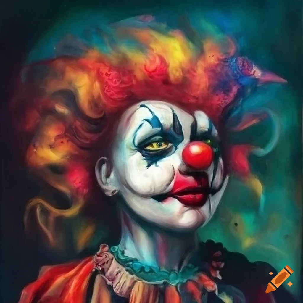 Dark surrealistic painting of circus clowns on stage on Craiyon