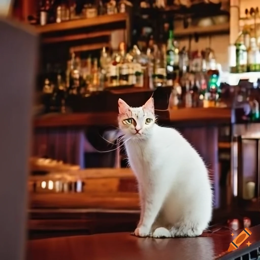 White cat sitting at a bar
