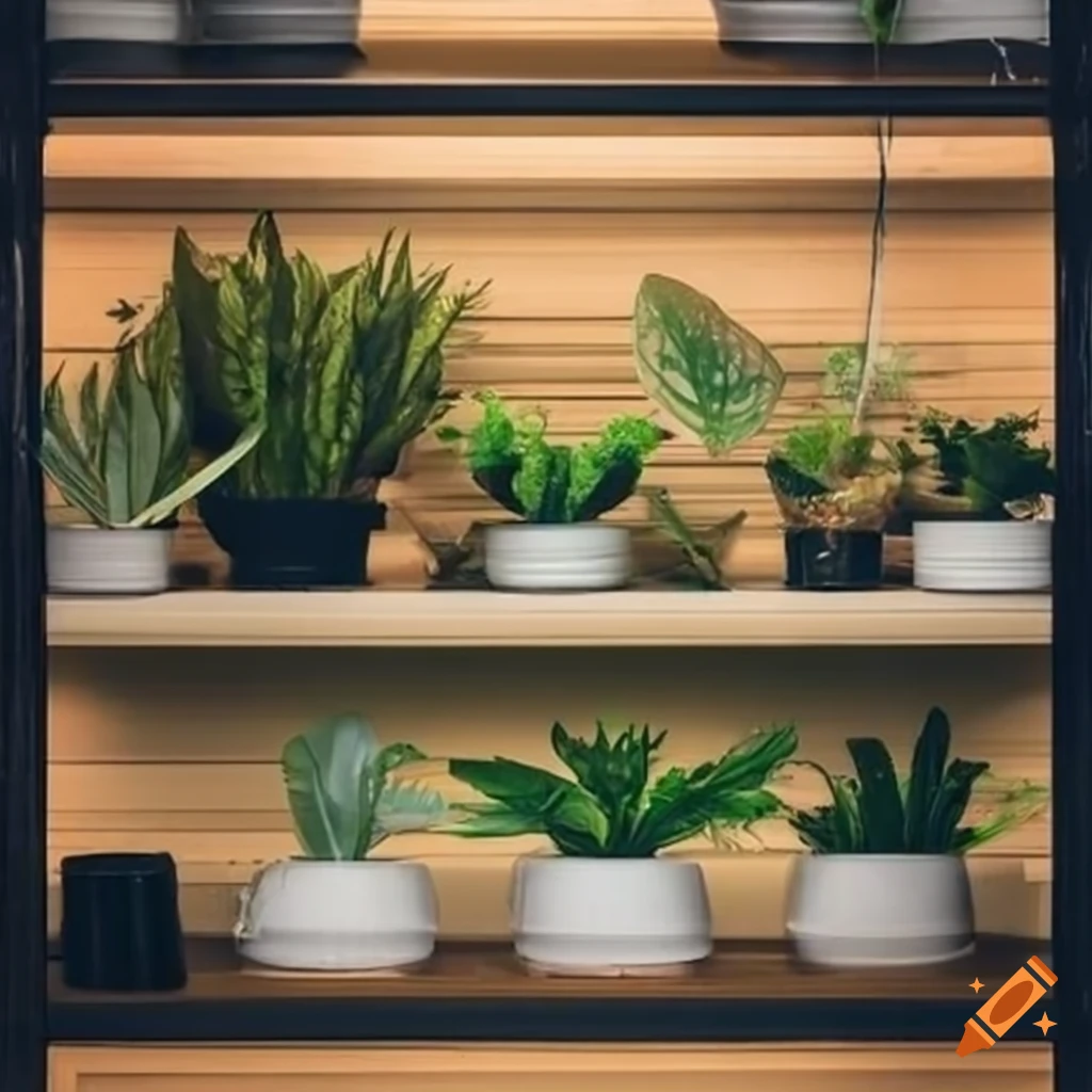 Shop display of unique alien-like plants on Craiyon