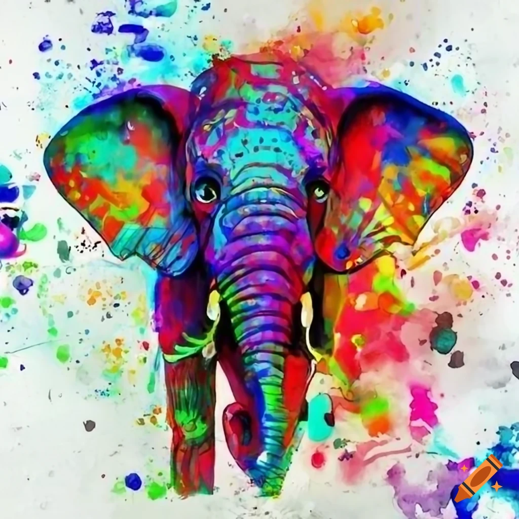Watercolor of a colorful elephant with graffiti art