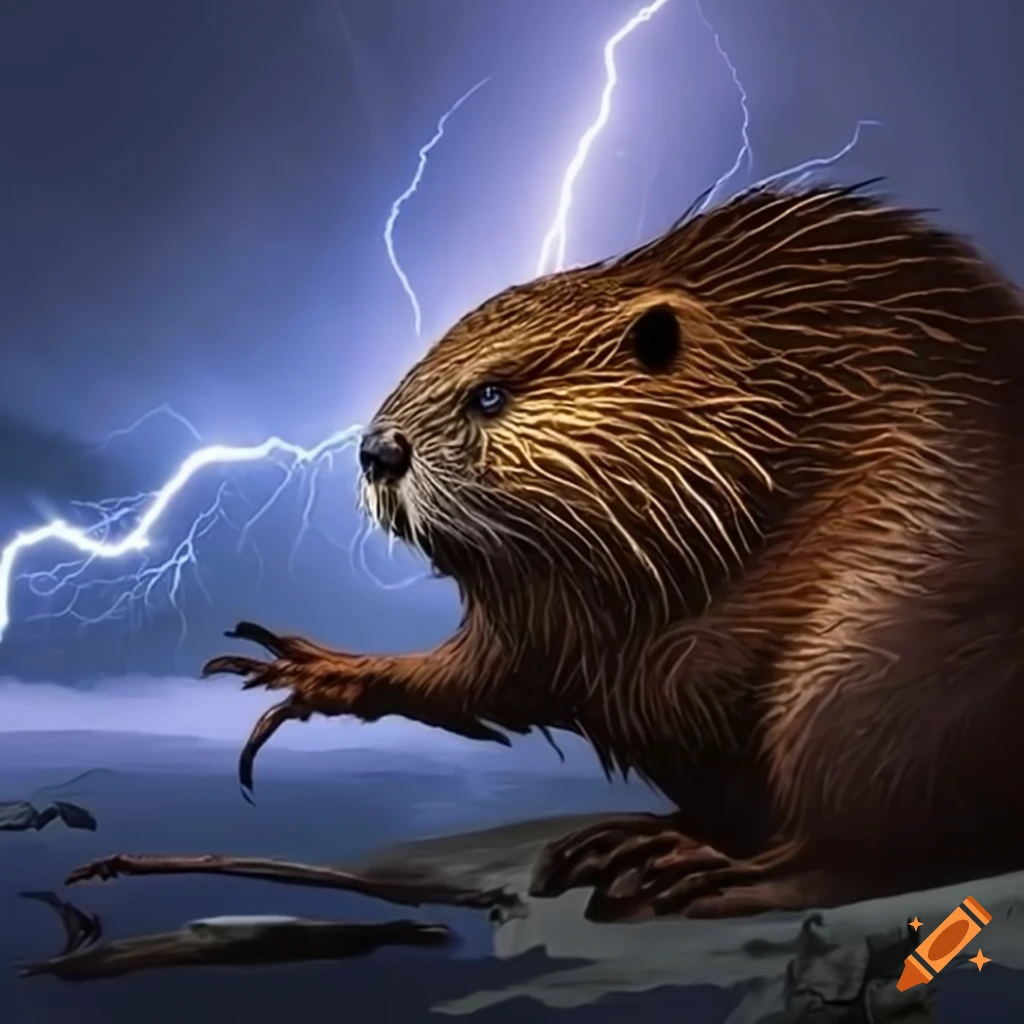 Mighty beaver god surrounded by lightning