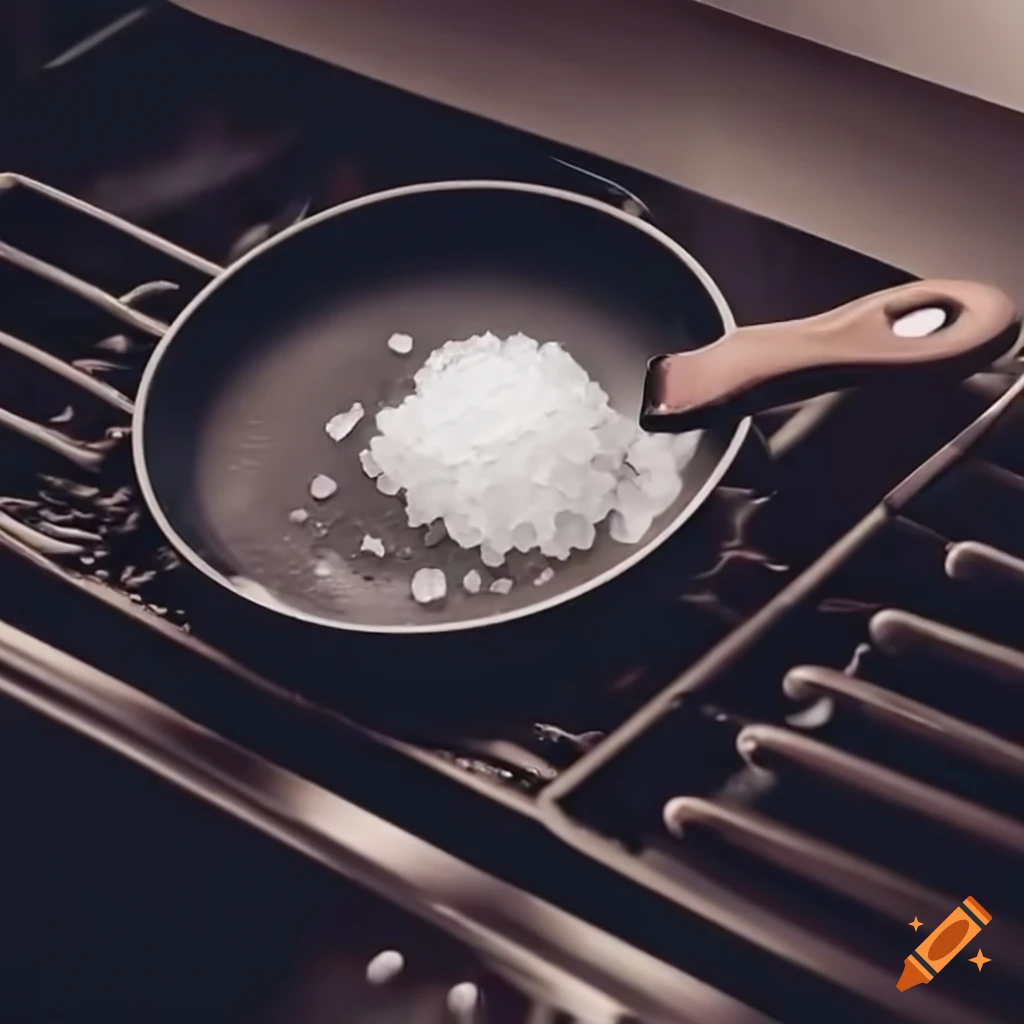 Salt melting in a frying pan on a stove
