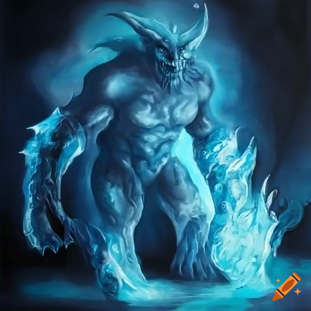 Oil painting of an ice elemental demon with horns on Craiyon