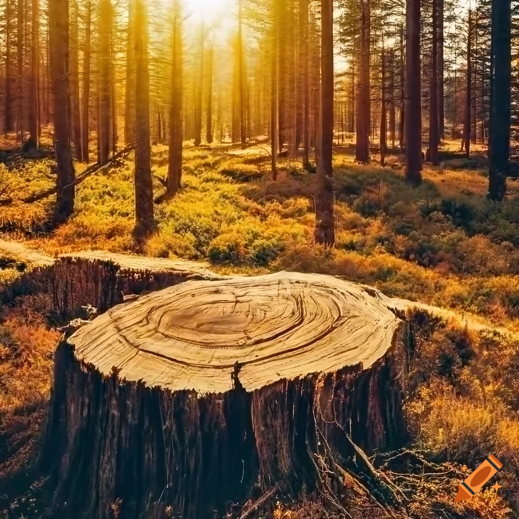 Golden sunset in a pine forest with a distant tree stump