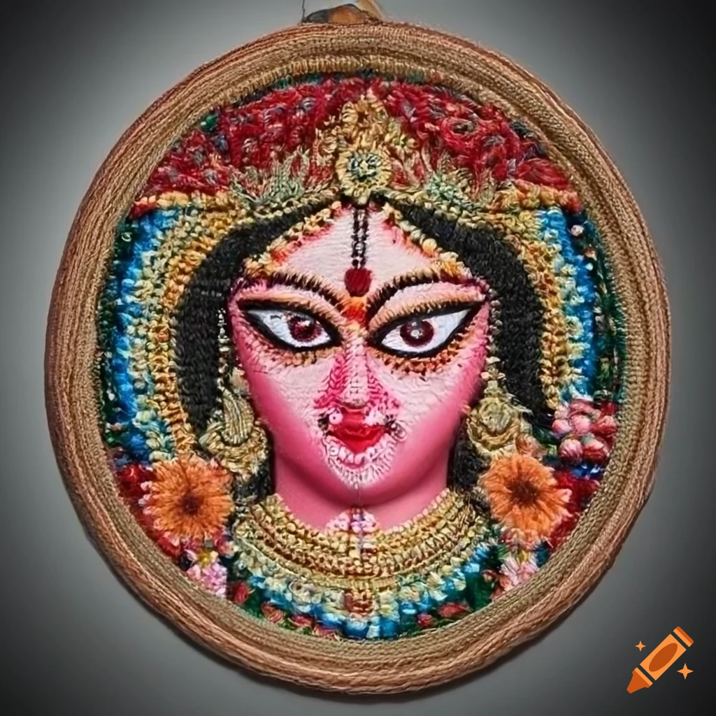 Handmade woollen embroidery of goddess Durga's face on Craiyon