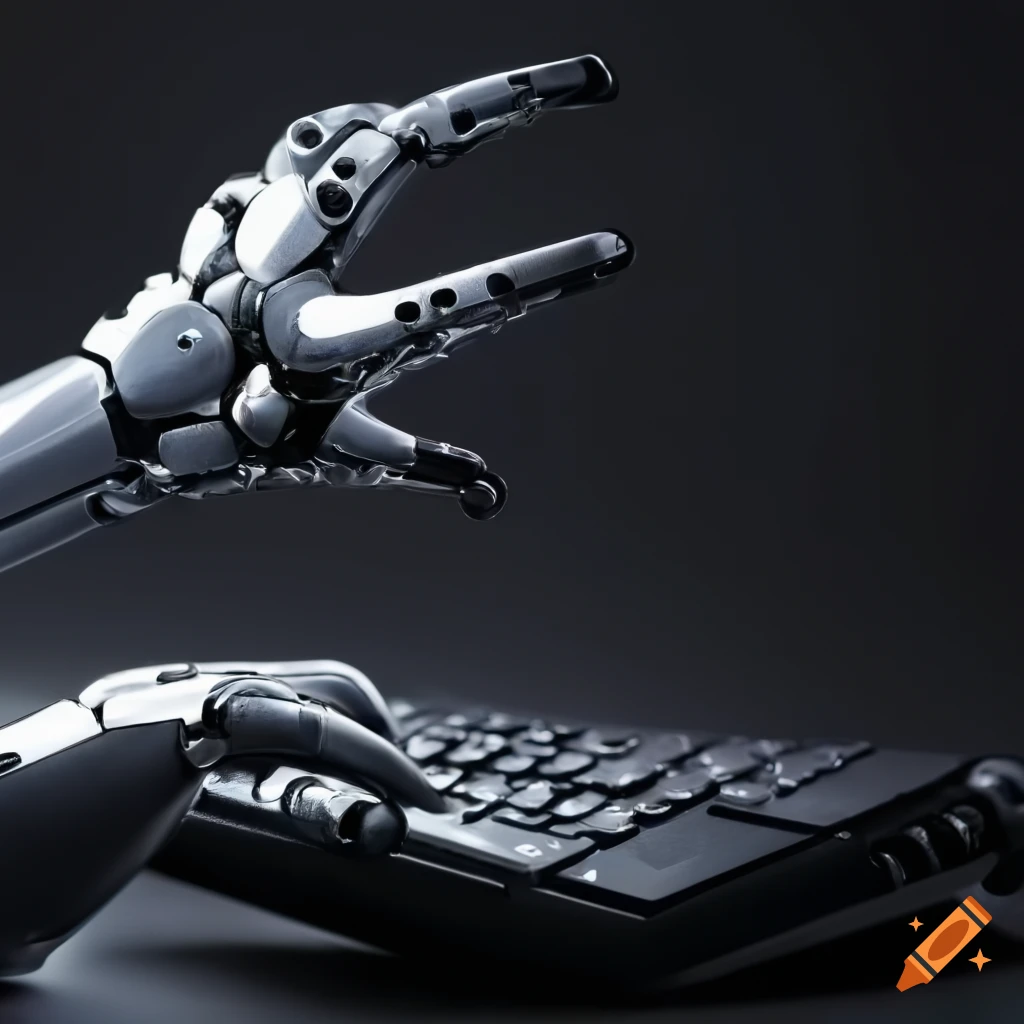 Metallic robot hand typing on a keyboard
