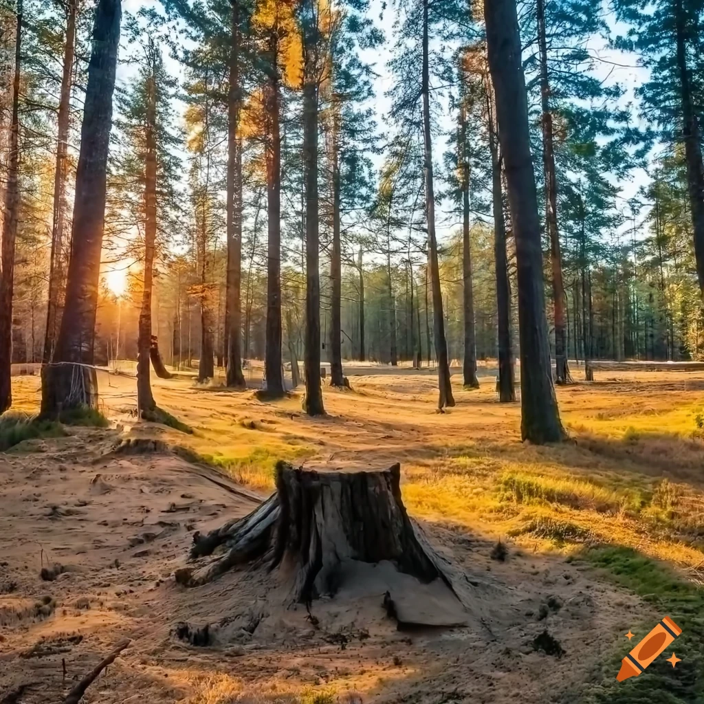 Golden sunset in a pine forest with a distant tree stump on Craiyon