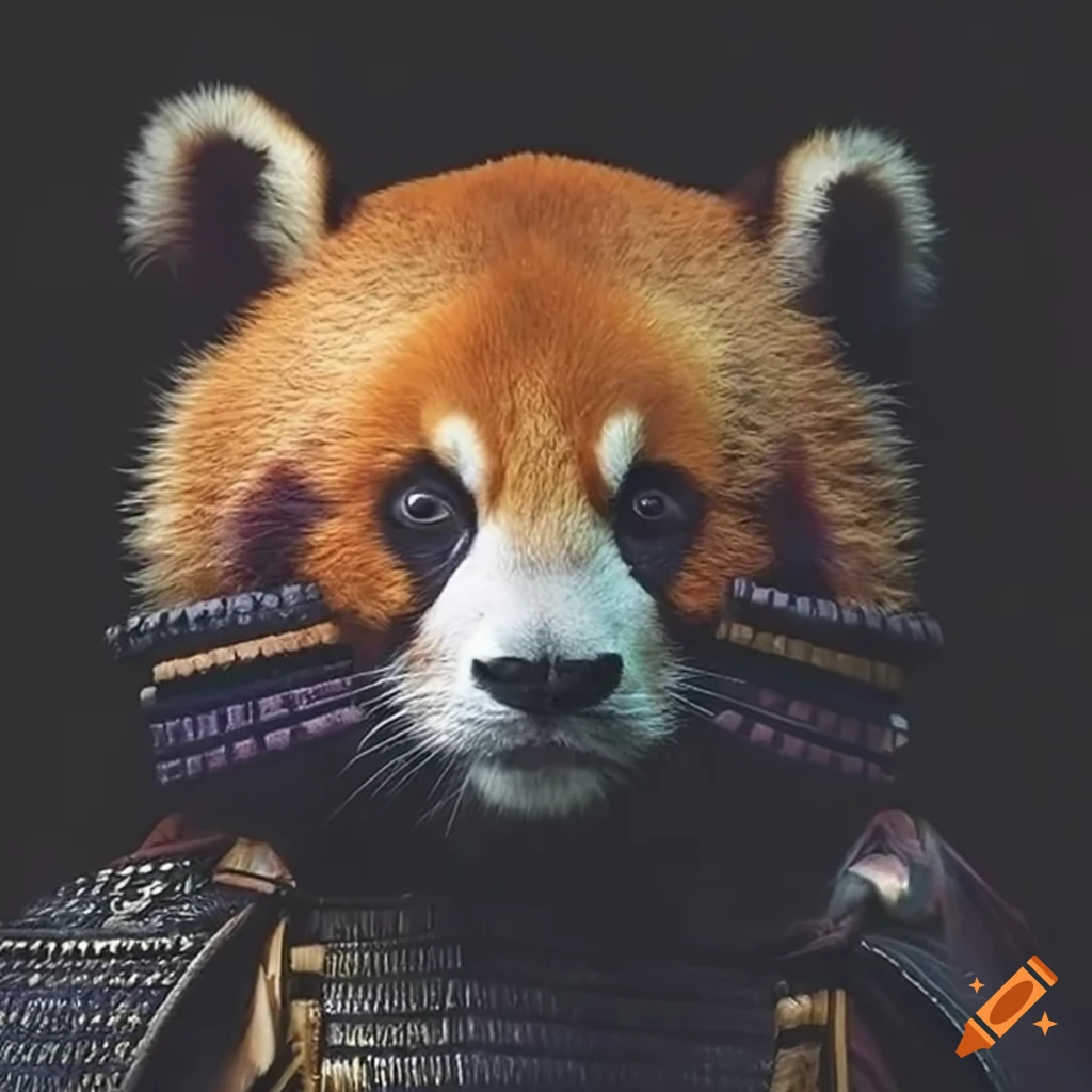 Artistic illustration of an orange panda samurai with a purple diamond