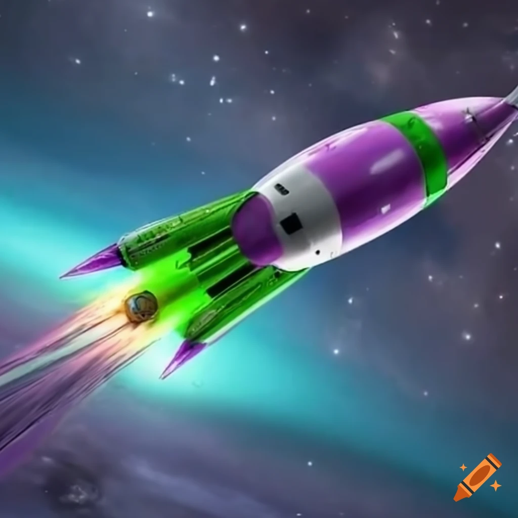 Spaceship flying in space with green and purple rocket engines