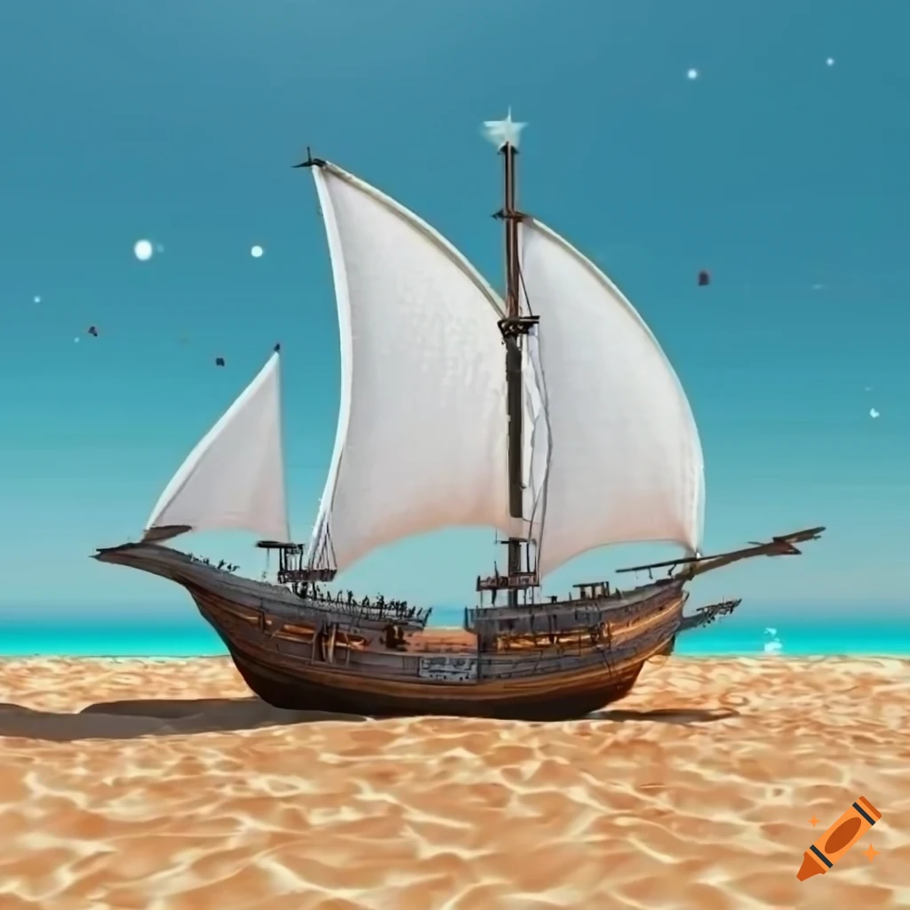 3d rendering of a pirate ship on a sunny beach