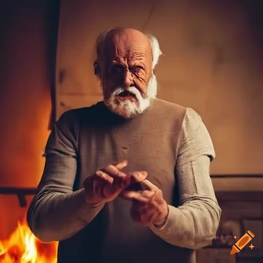 Angry old man breaking a wooden stick
