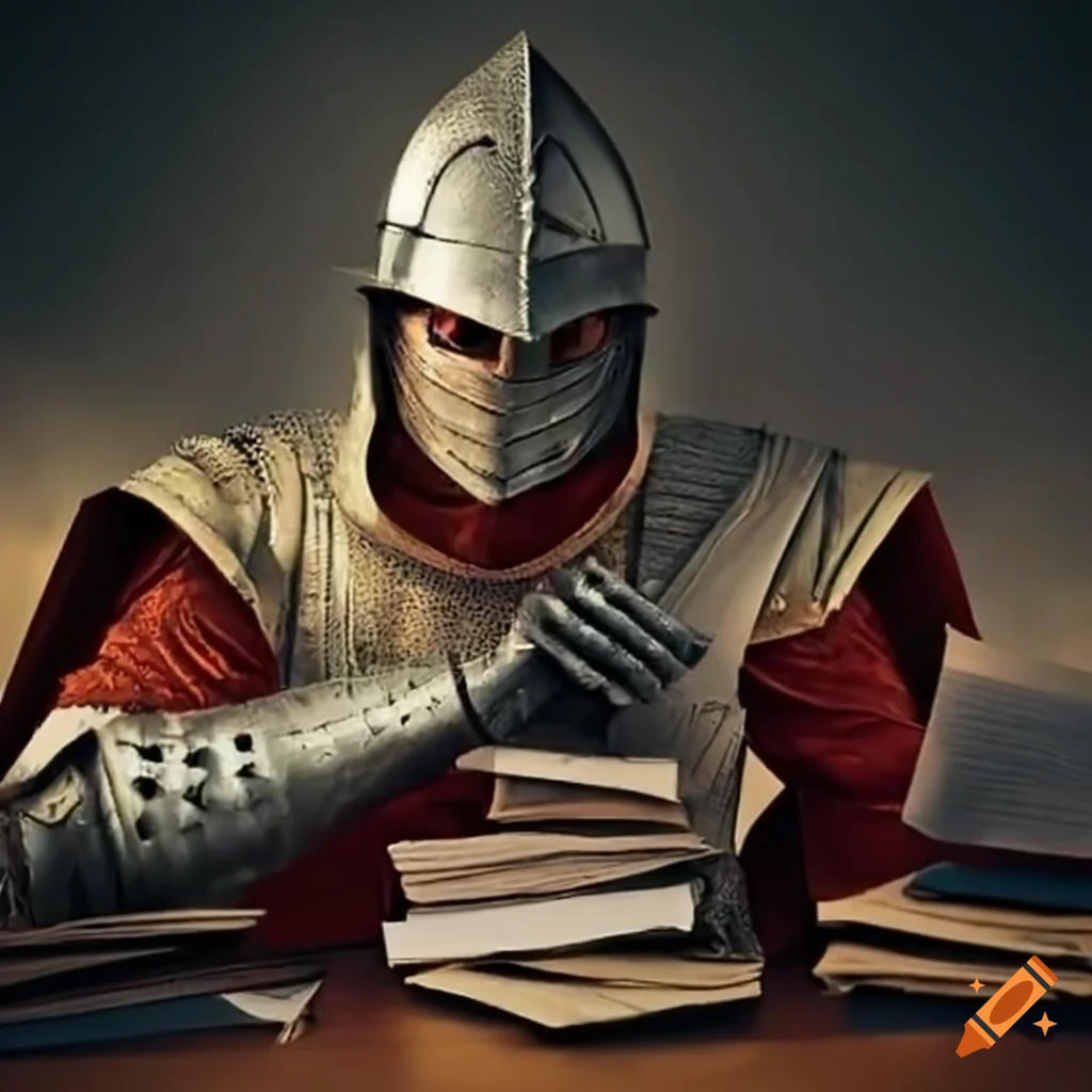 Nerdy knight battling stacks of paper documents