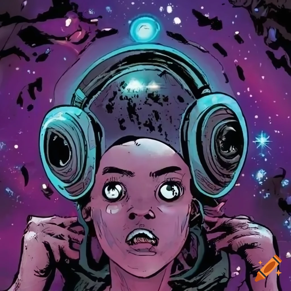 Comic panel of an alien listening to human music on Craiyon