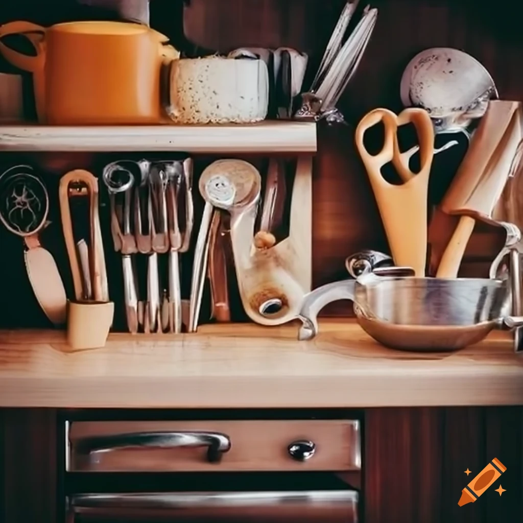 Chaotic arrangement of kitchen tools on a counter