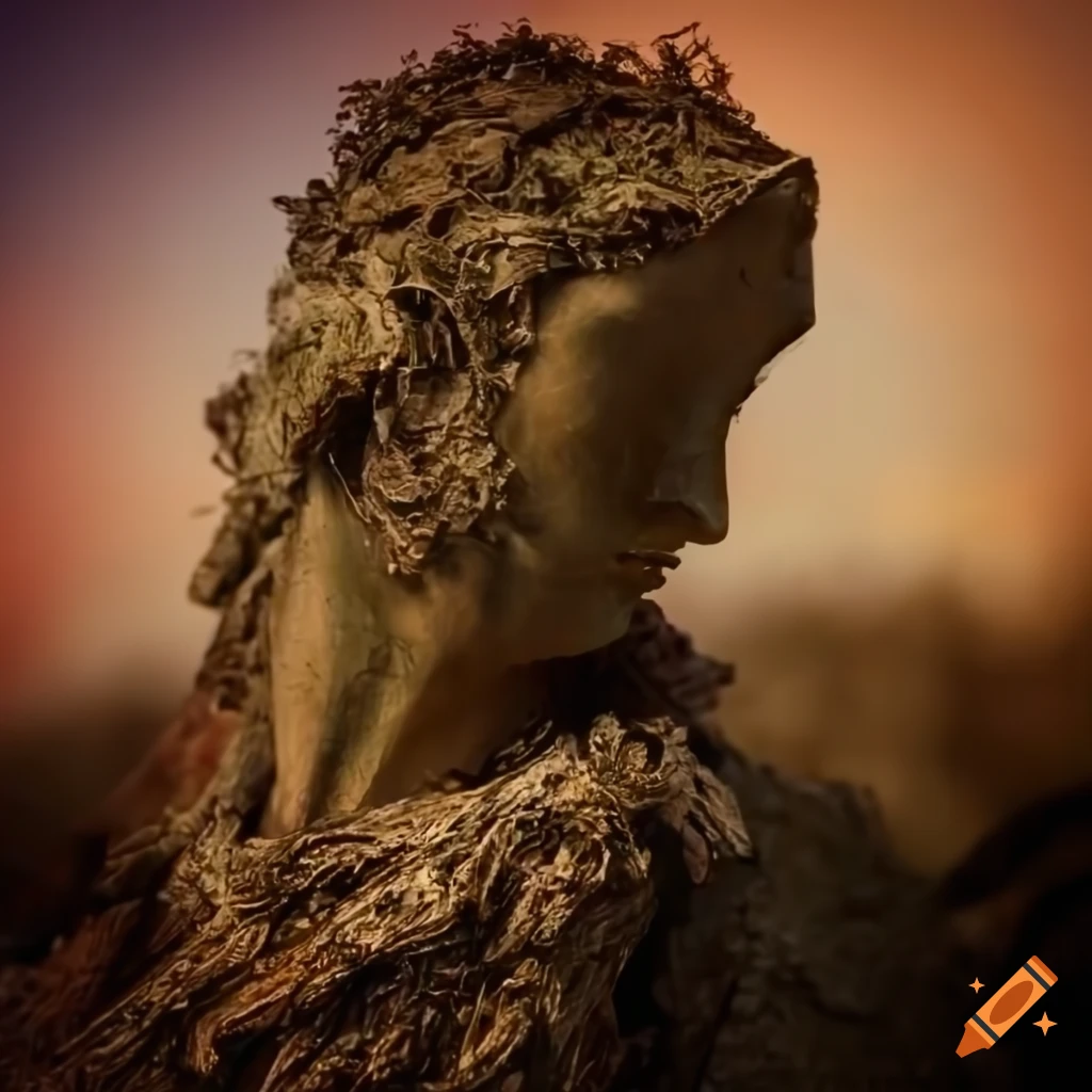 Close-up of a distorted nature sculpture made of branches and junk on ...