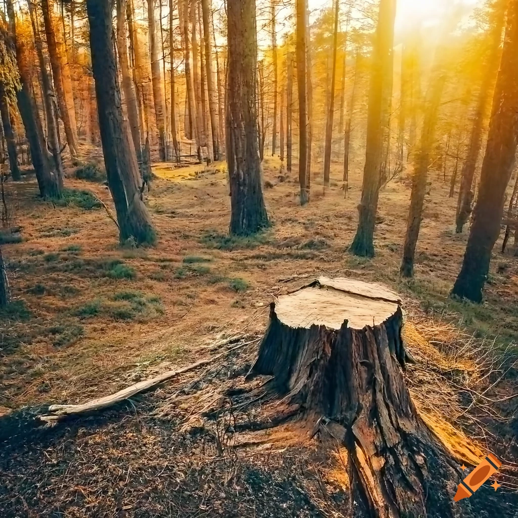 Sunset view of a big tree stump in a pine forest