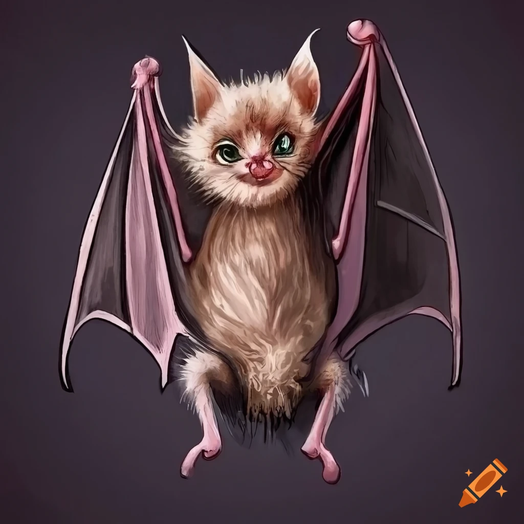 Detailed etching of a fluffy bat with a kitten face on Craiyon