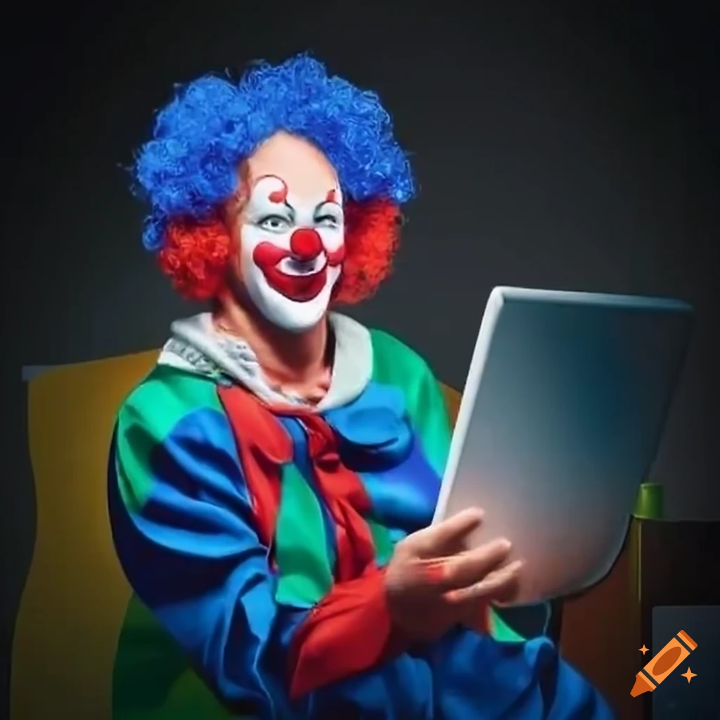Clown engrossed in a computer game