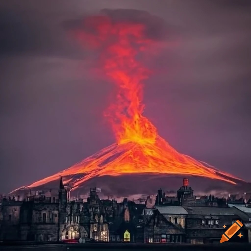 Moody photo of Edinburgh with a volcanic eruption in the background on ...