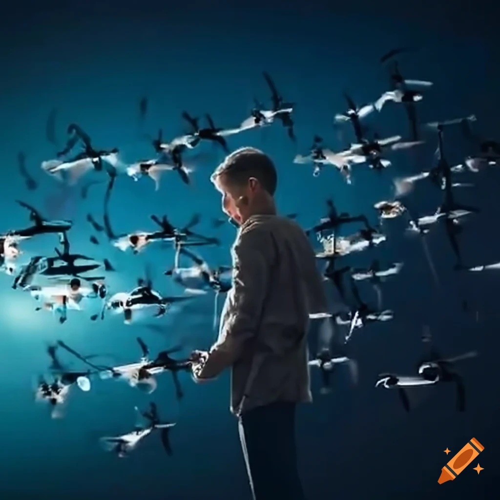 Man controlling a swarm of drones