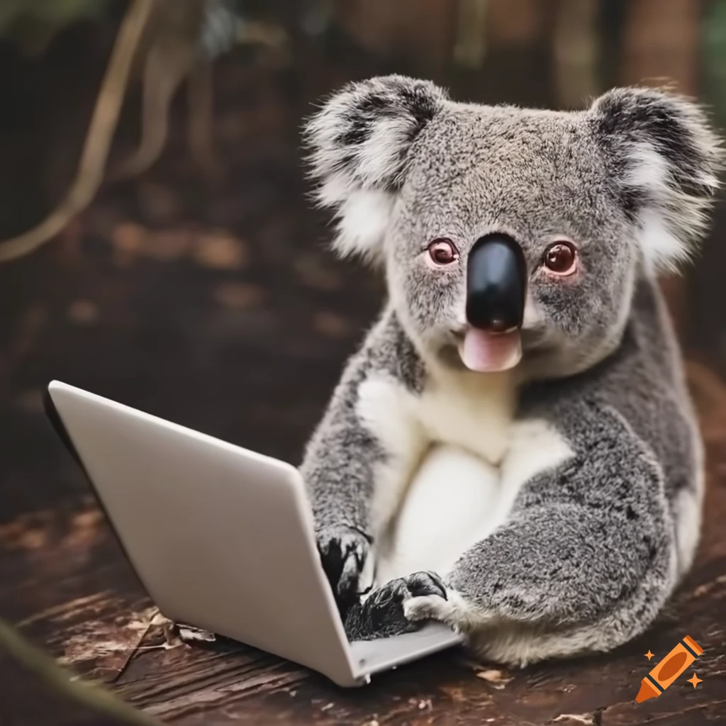 Koala working on a laptop