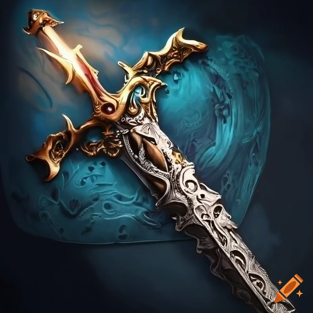 Artwork of a mythical sword with intricate details