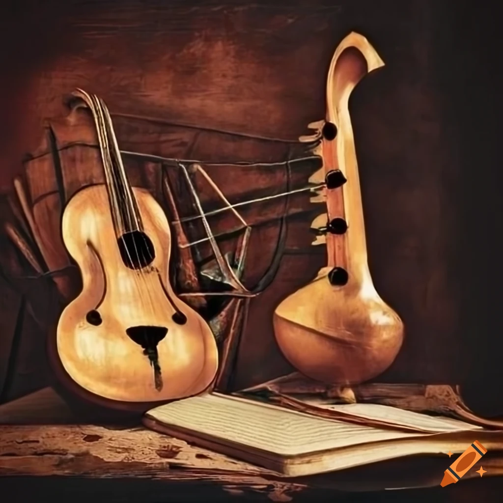 Cubism-style still life of musical instruments and fruit