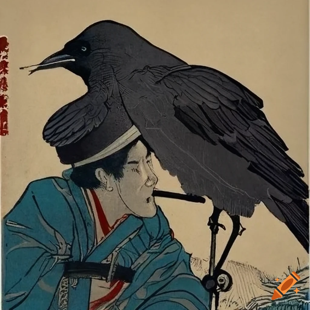 Japanese woodblock print of crow-man smoking a pipe