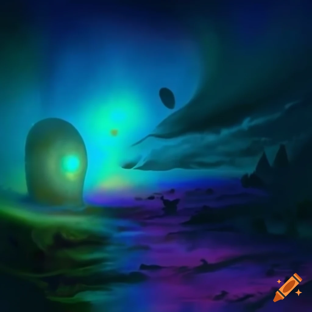 Painting of an alien sunset over otherworldly landscapes on Craiyon