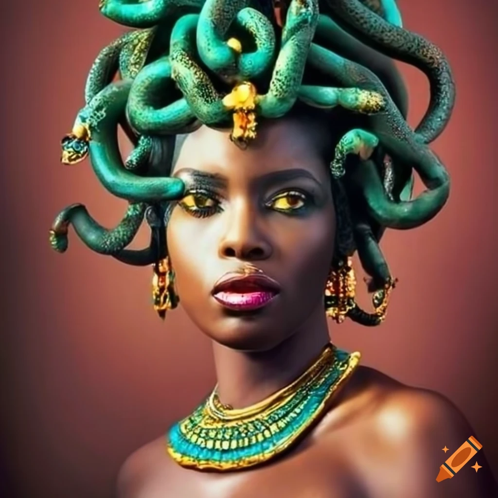 Depiction of medusa as a powerful african queen on Craiyon