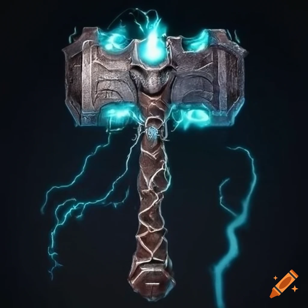 Silver metal heroic fantasy hammer struck by lightning