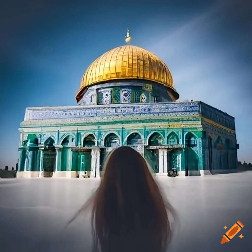 Woman with palestine flag in front of al aqsa mosque