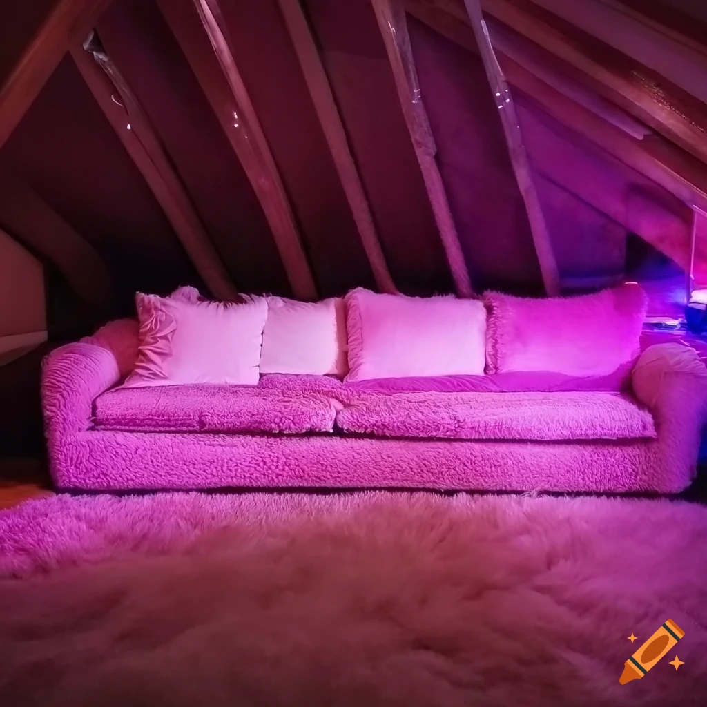 Cozy attic room with pink teddy blankets on a corner couch on Craiyon