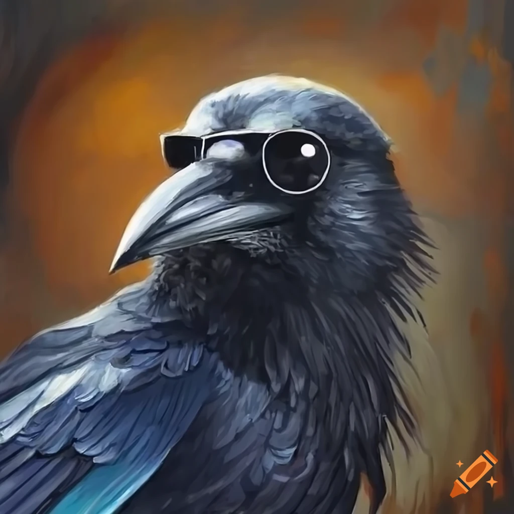 Portrait of a crow wearing silver sunglasses on Craiyon