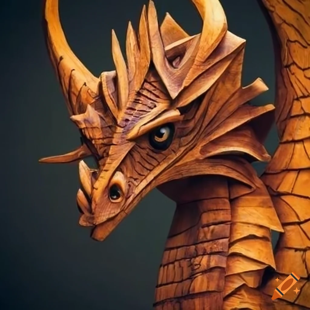 Wooden dragon sculpture in a natural setting