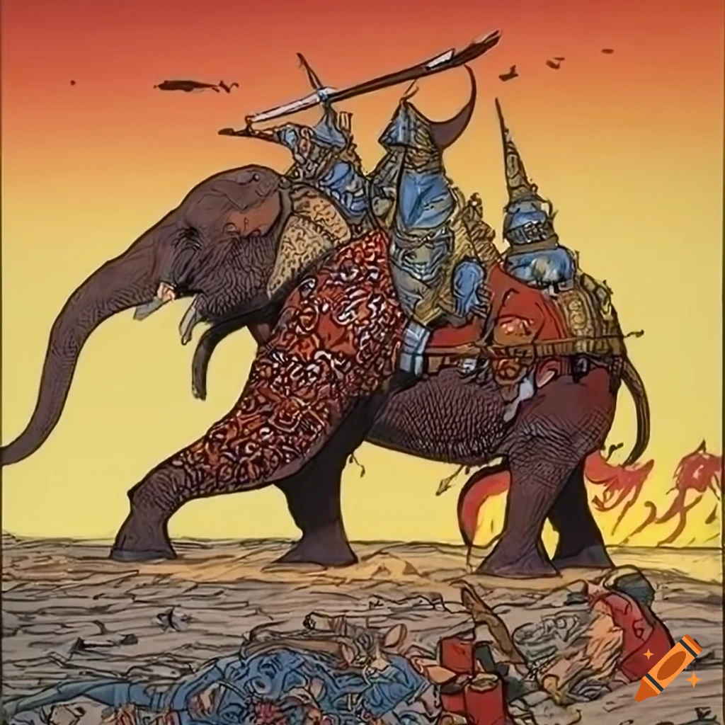 Illustration of haradrim warriors on war elephants