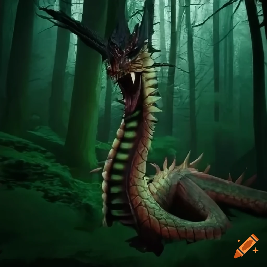 Sharp-toothed dragon in a mystical forest on Craiyon