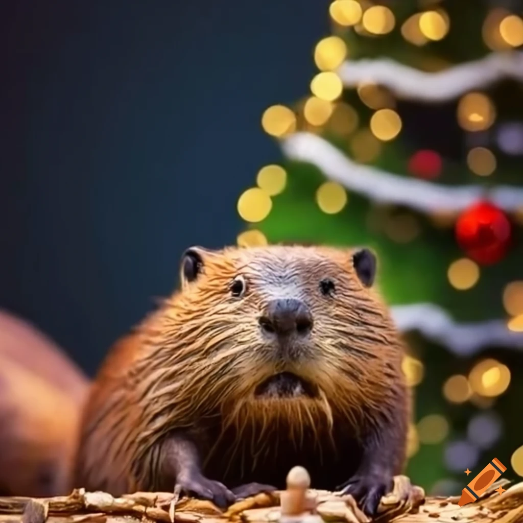 Sad beaver under a christmas tree