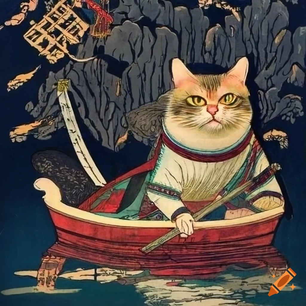 Artistic illustration of a samurai cat in a boat on Craiyon