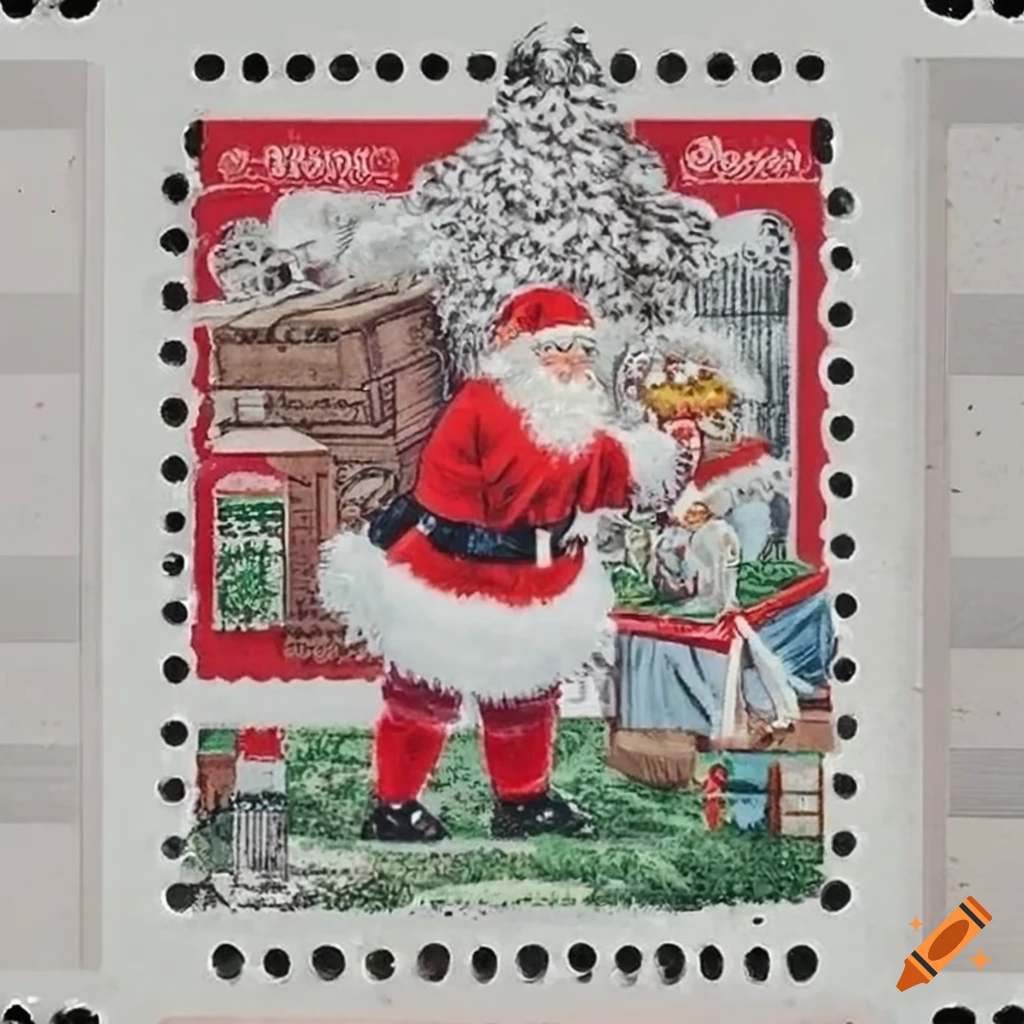 Vintage postage stamp with santa claus delivering gifts